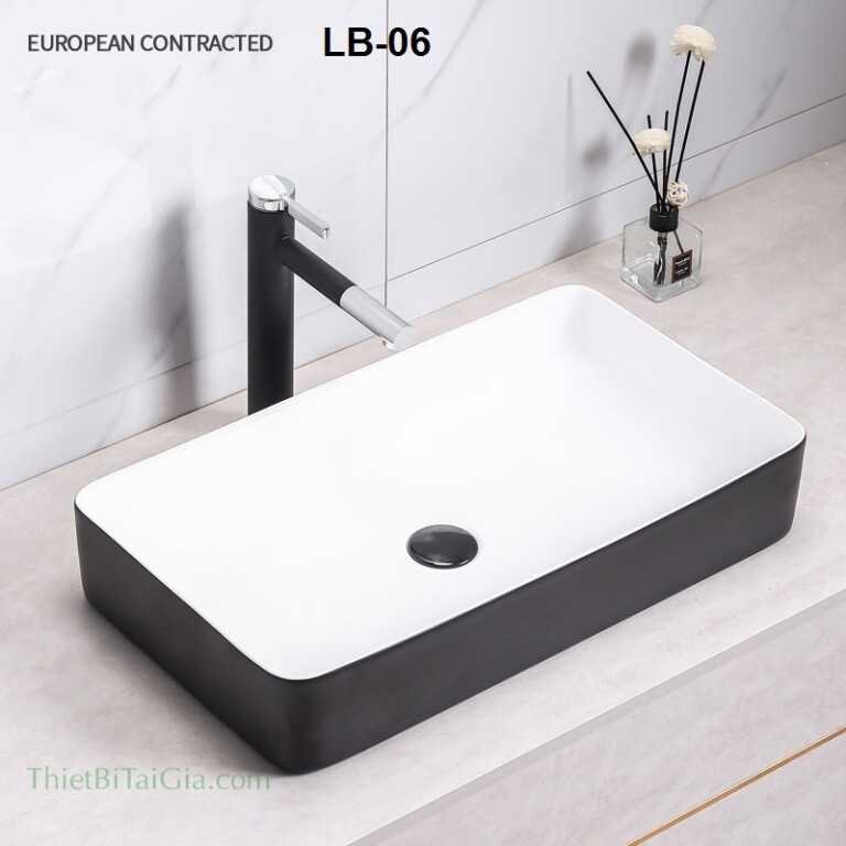 Lavabo đặt bàn hình chữ nhật màu trắng đen LB06