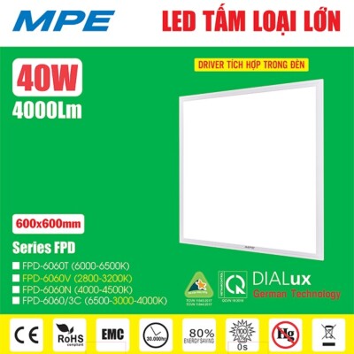 Đèn led panel âm trần thạch cao MPE 600x600 40W FPD-6060T ...