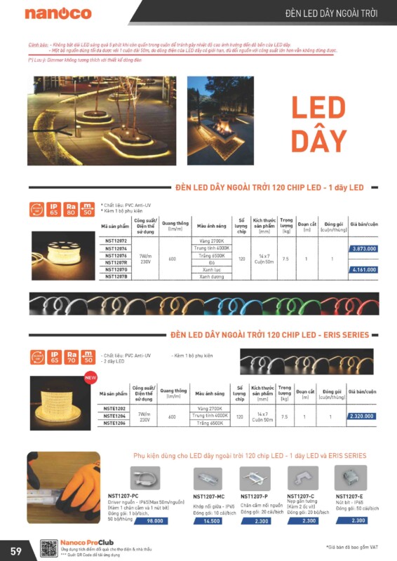 Đèn LED dây ngoài trời 120 chip LED 2 hàng bóng cuộn 50 mét dày 14mm Nanoco NSTE1202
